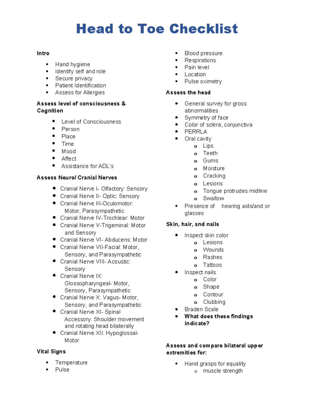 7-Head-to-Toe Assessment Checklist Tool for VP - Studocu