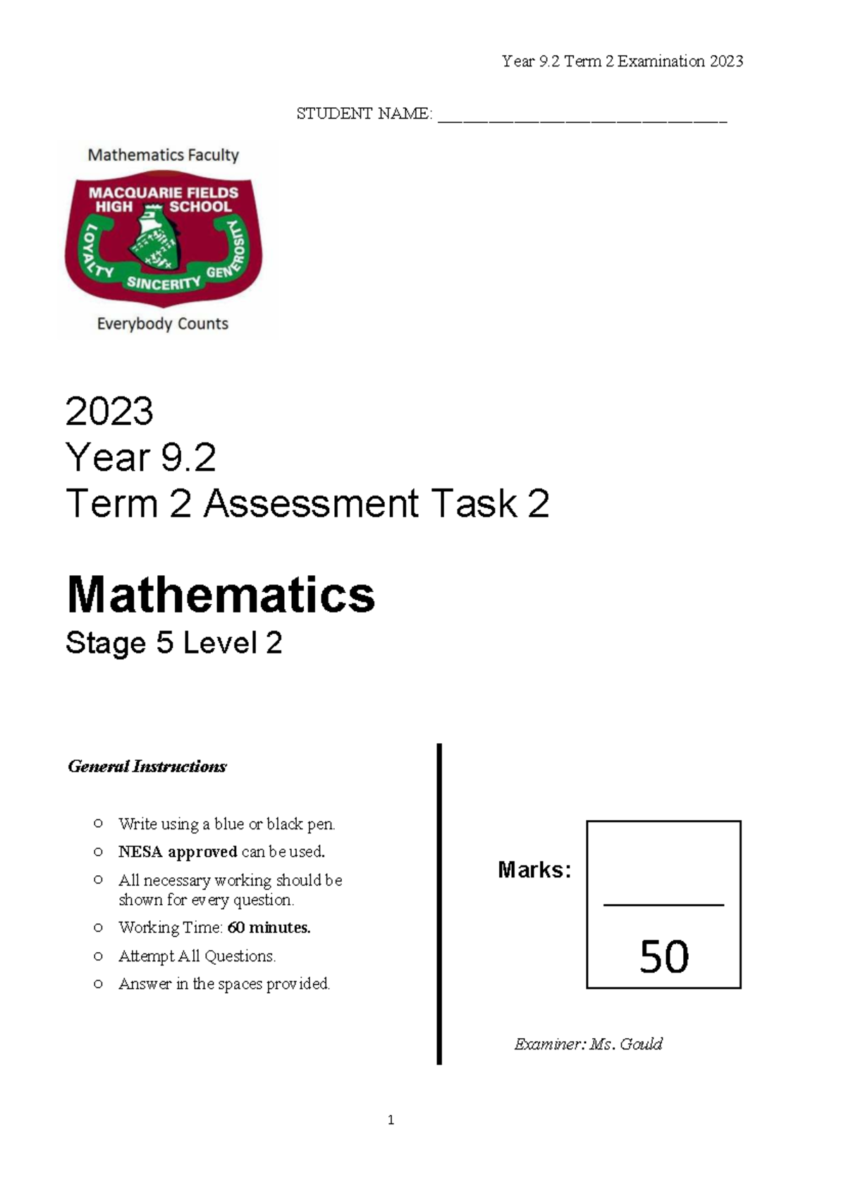 Year 9.2 Term 2 Mathematics Exam 2023 - Assessment Task 2 - Studocu