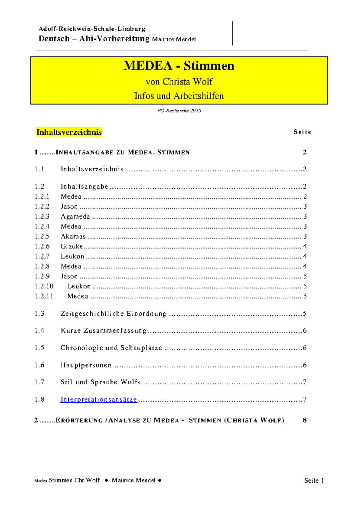 Medea.Stimmen (Christa Wolf) - Inhaltsangabe und Analyse 2015 - Studocu
