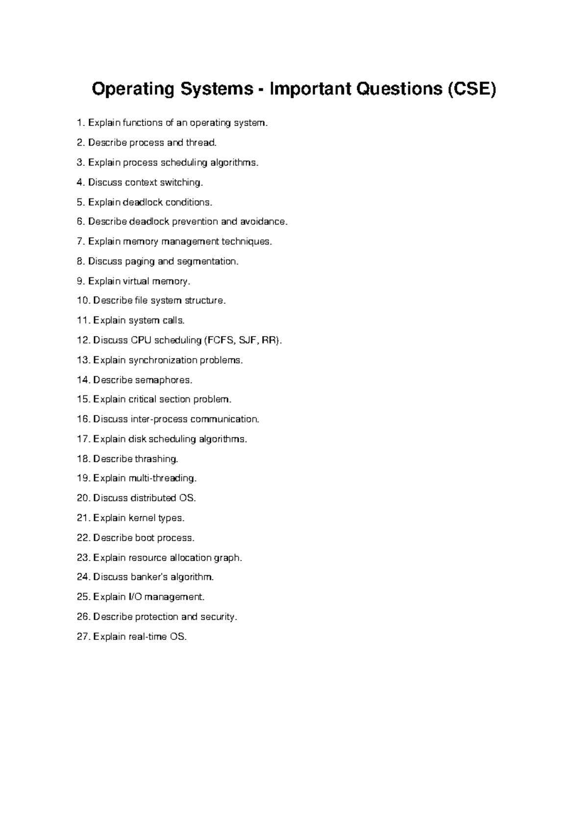CSE Operating Systems Important Questions and Concepts - Studocu
