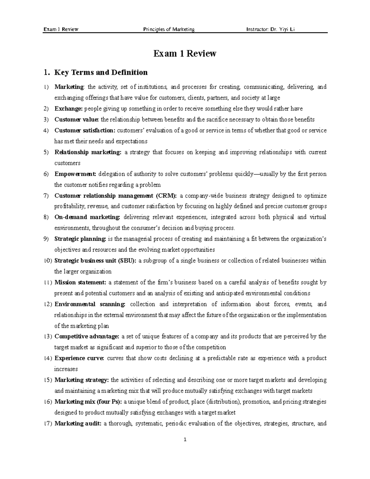 Exam 1 Review: Key Concepts in Principles of Marketing (MKT 101) - Studocu