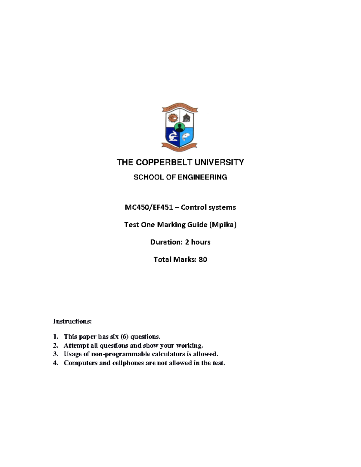 MC450 Control Systems Test One Solution Manual - Studocu