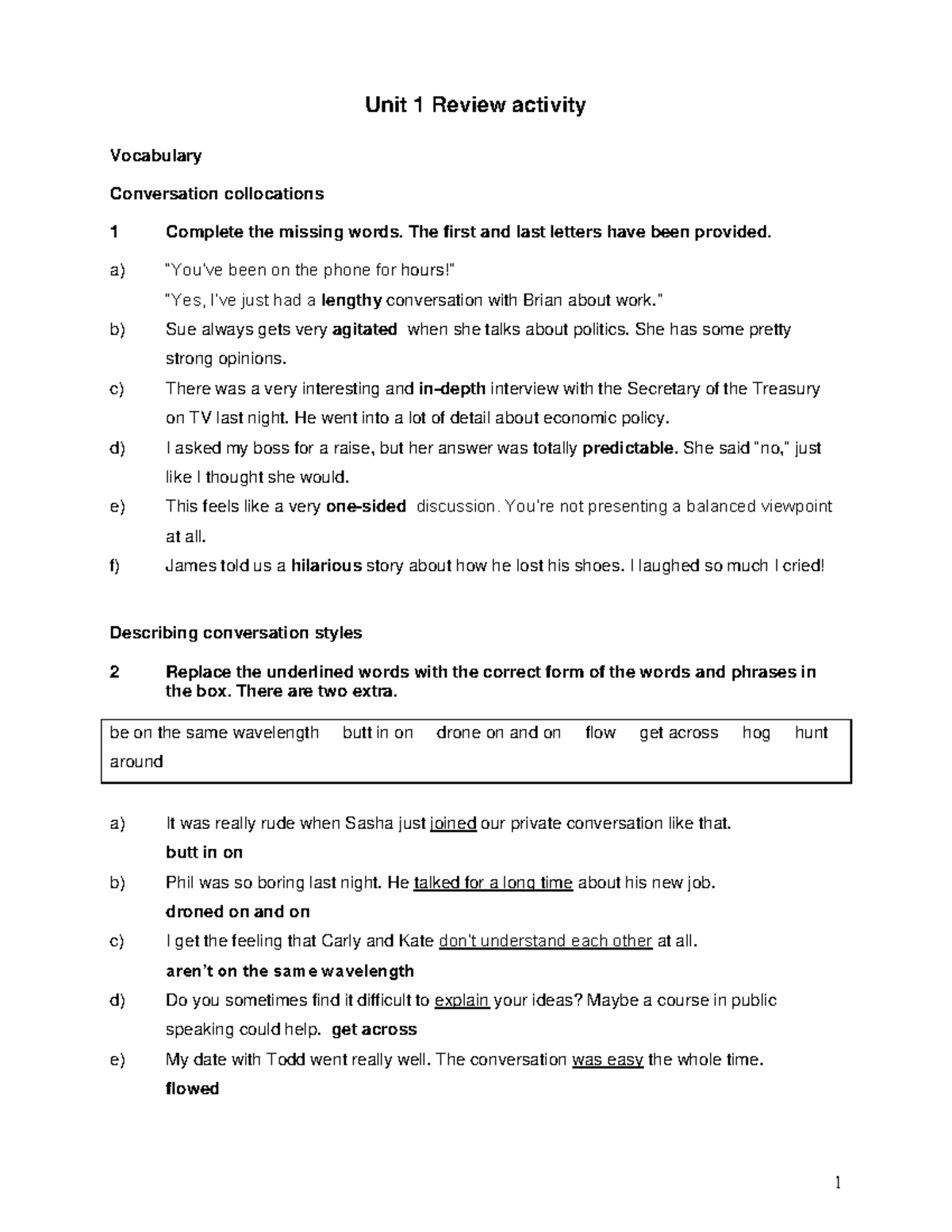U1 Review Activity: Vocabulary & Communication Styles Insights - Studocu