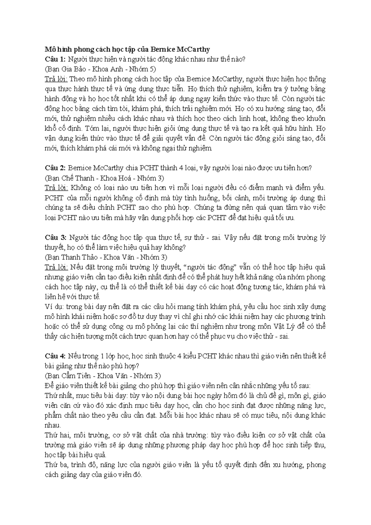Mô hình phong cách học tập của Bernice McCarthy và Howard Gardner - Studocu