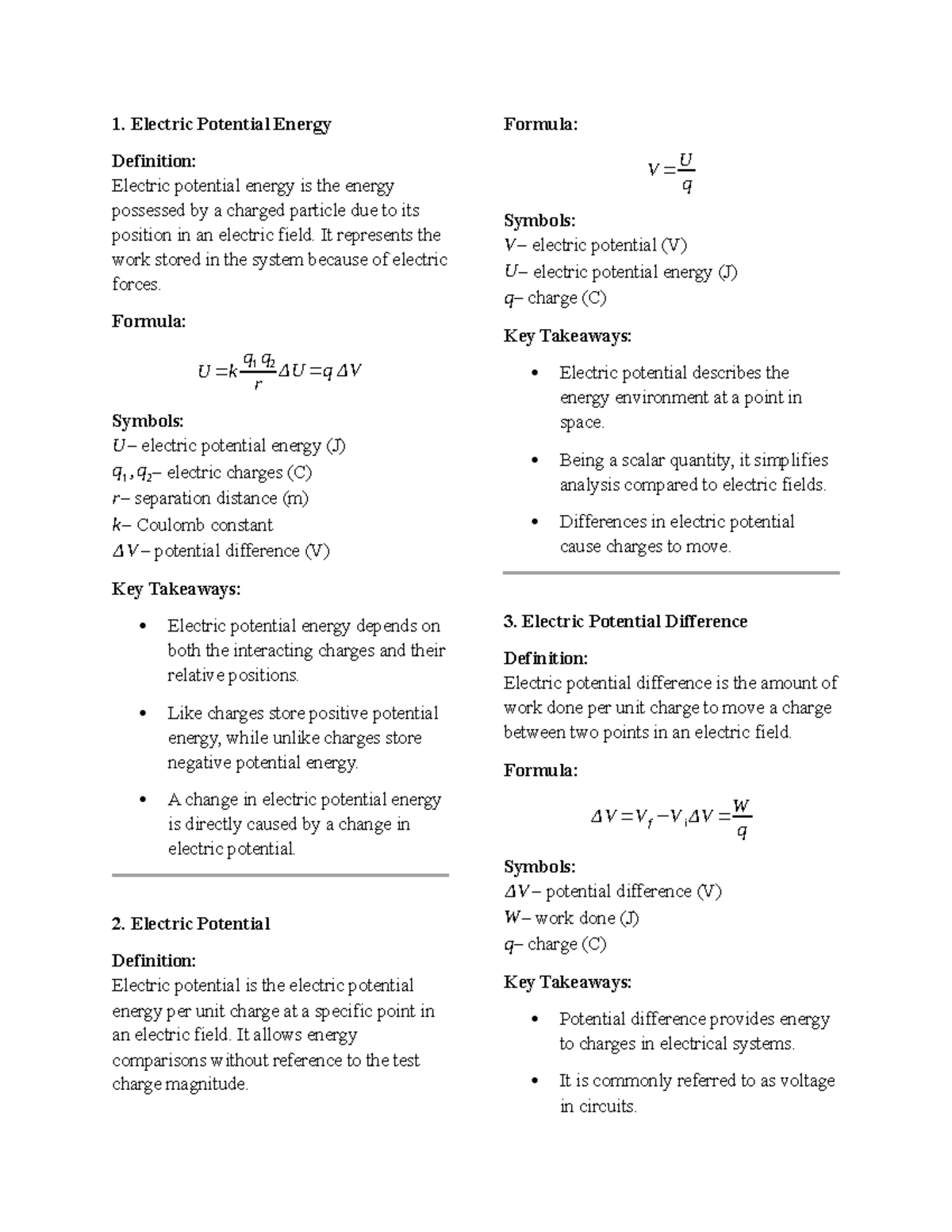 General Physics 2 - Electric Potential Energy & Definitions Notes - Studocu