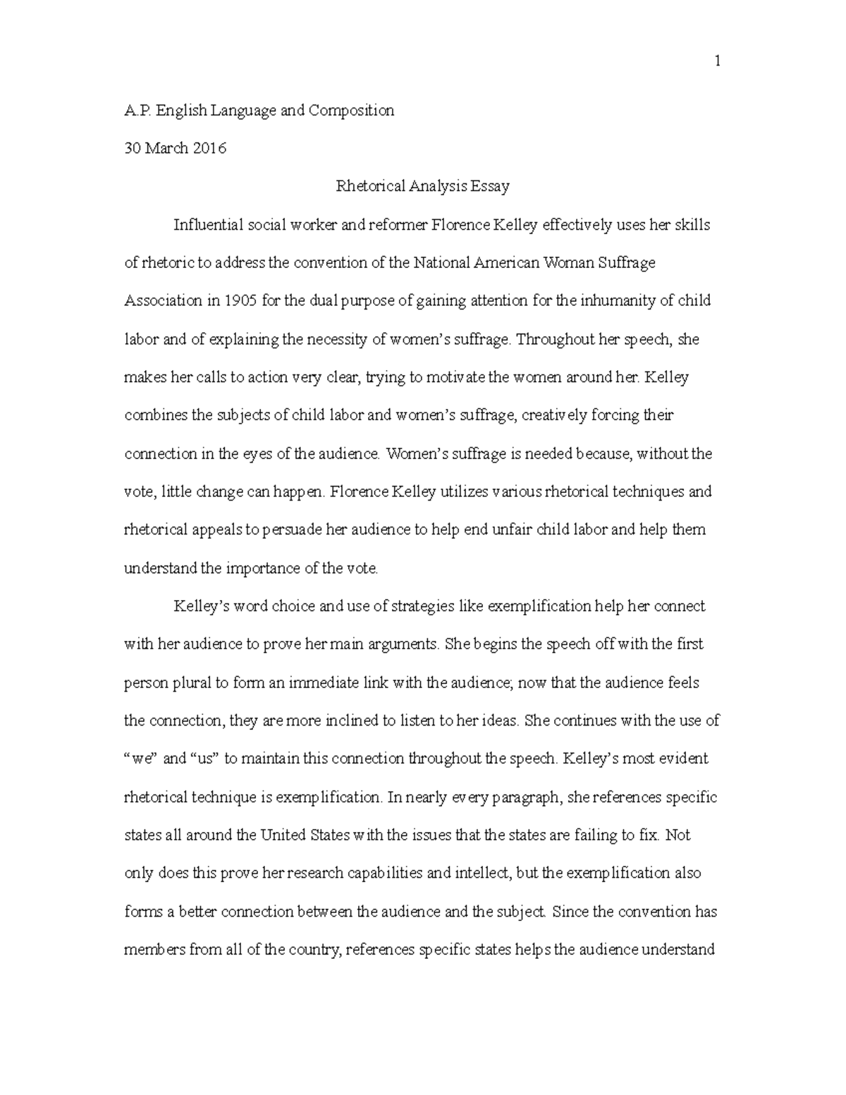 A.P. English Language Rhetorical Analysis: Florence Kelley Essay - Studocu