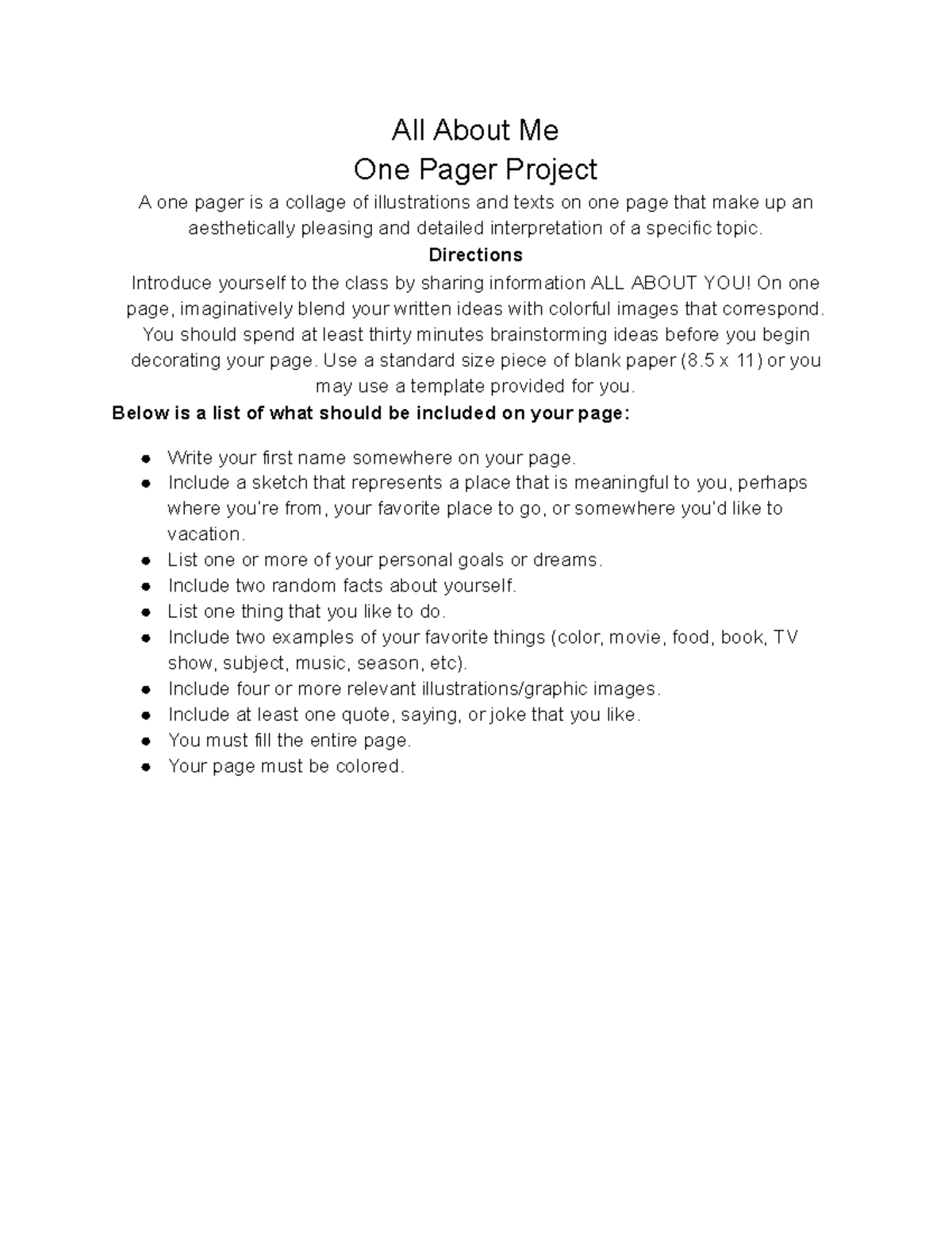 All About Me - One Pager Project Guidelines - Studocu