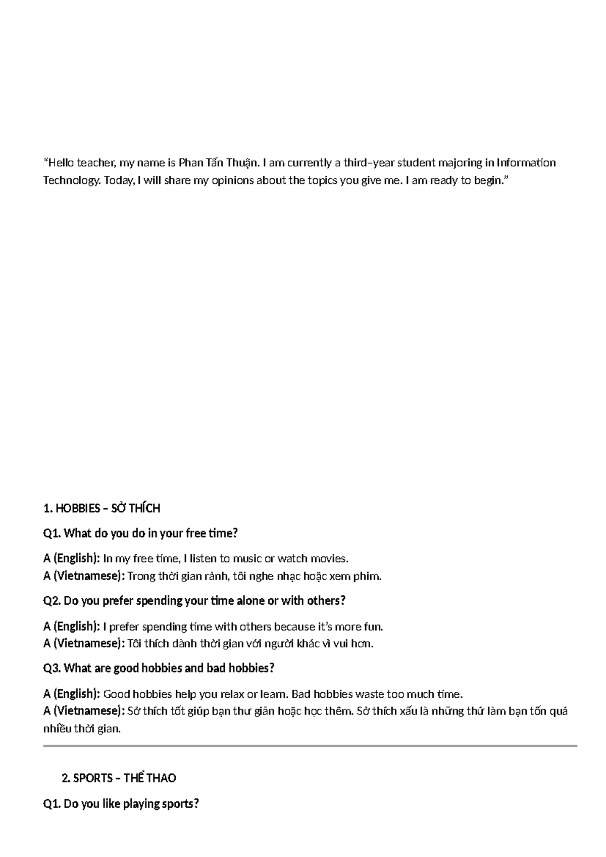 Speaking Practice - Hobbies, Sports, and More (IT 3rd Year) - Studocu