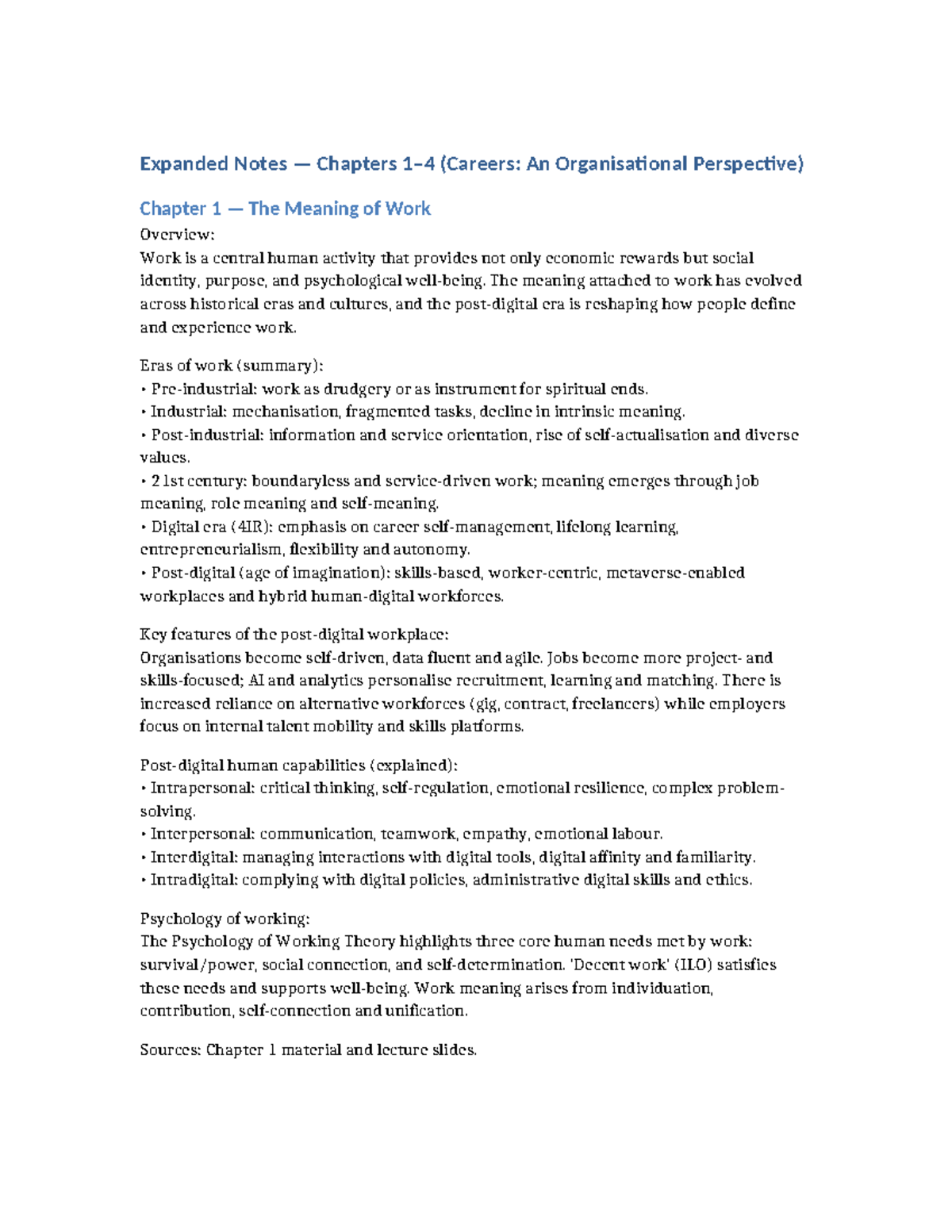 Expanded Full Notes on Careers: An Organisational Perspective (Ch 1-4 ...