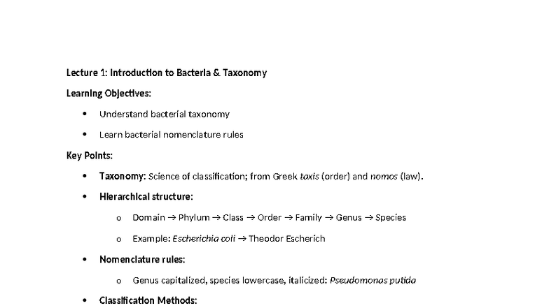 Lecture Notes: Bacterial Taxonomy & Identification (BIO 101) - Studocu