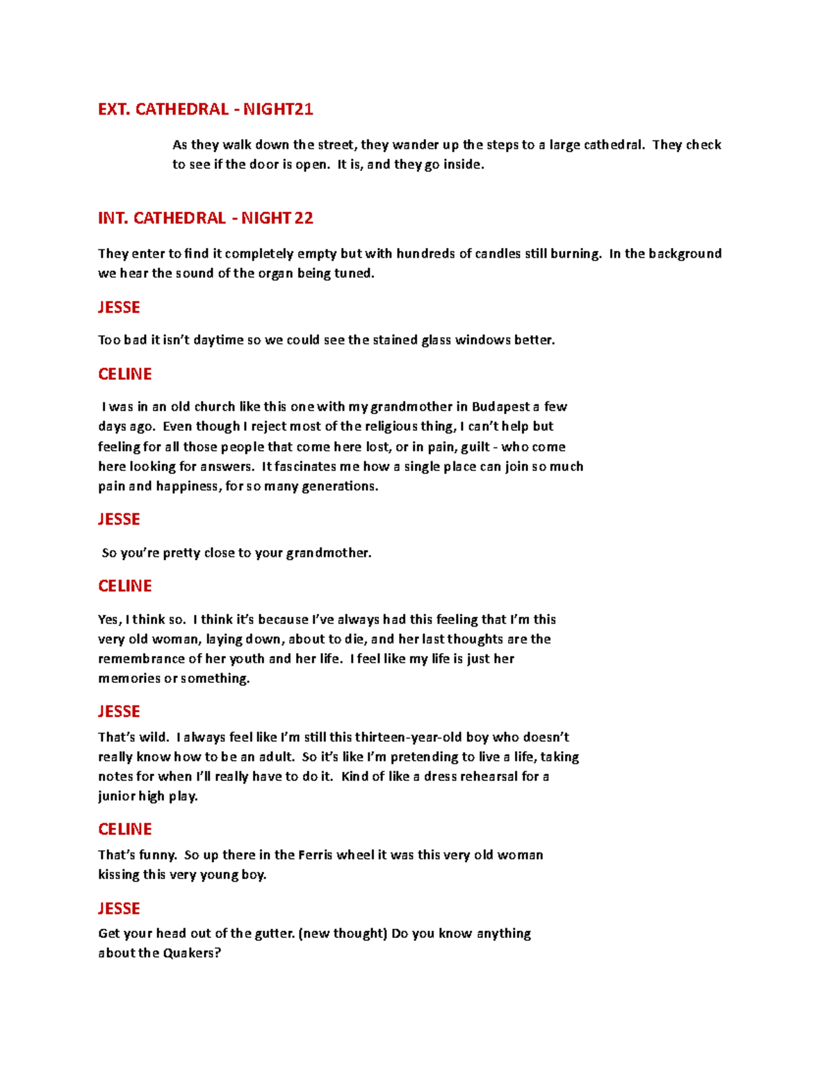 Before Sunrise Script Cathedral Scene - EXT. CATHEDRAL - NIGHT 21 As ...