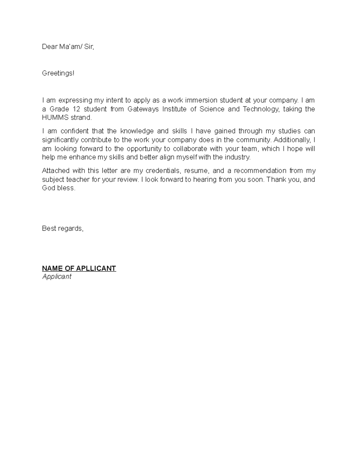 Application Letter for Work Immersion - Grade 12 HUMMS Student - Studocu