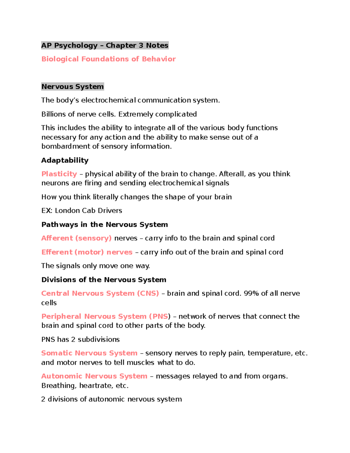 AP Psychology - Chapter 3: Biological Foundations of Behavior - Studocu