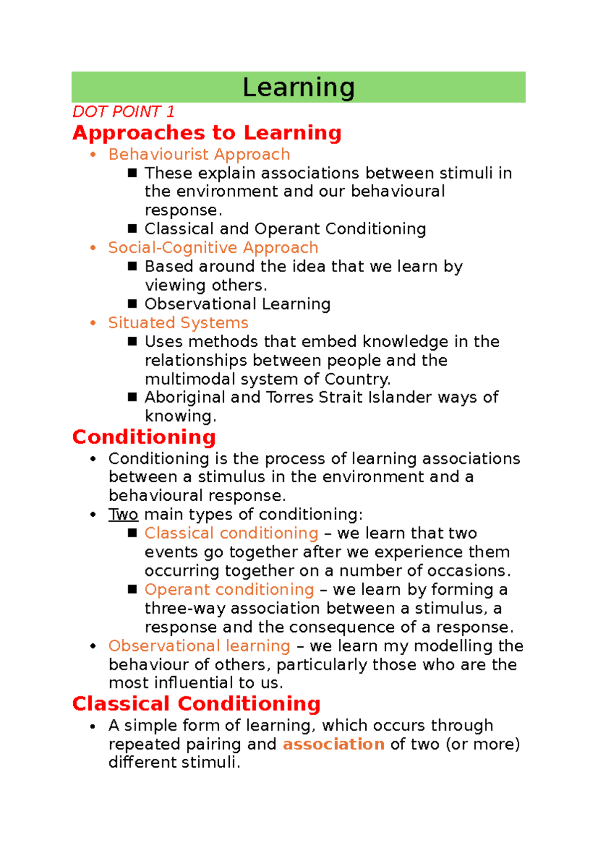 Psychology Unit 3 AOS2 Learning Approaches and Conditioning Notes - Studocu