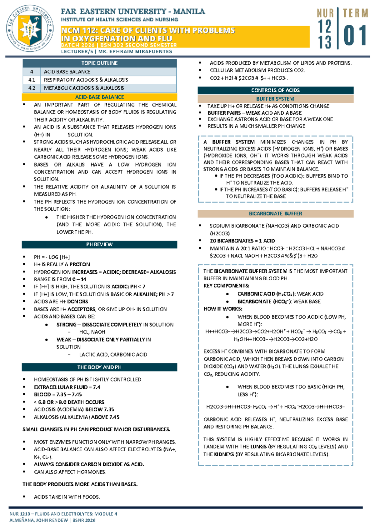NUR 1213 Fluid & Electrolytes: Acid-Base Balance Overview - Studocu
