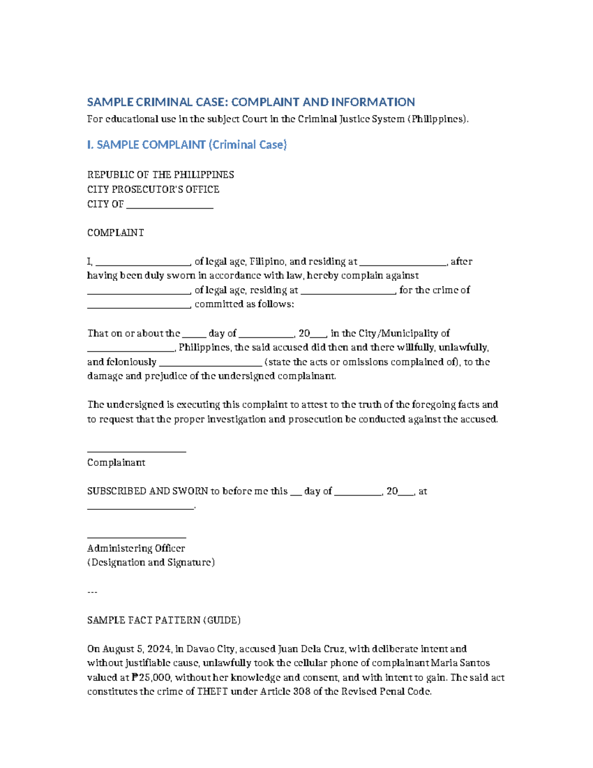 SAMPLE CRIMINAL CASE: COMPLAINT & INFORMATION (CJ 101) - Studocu