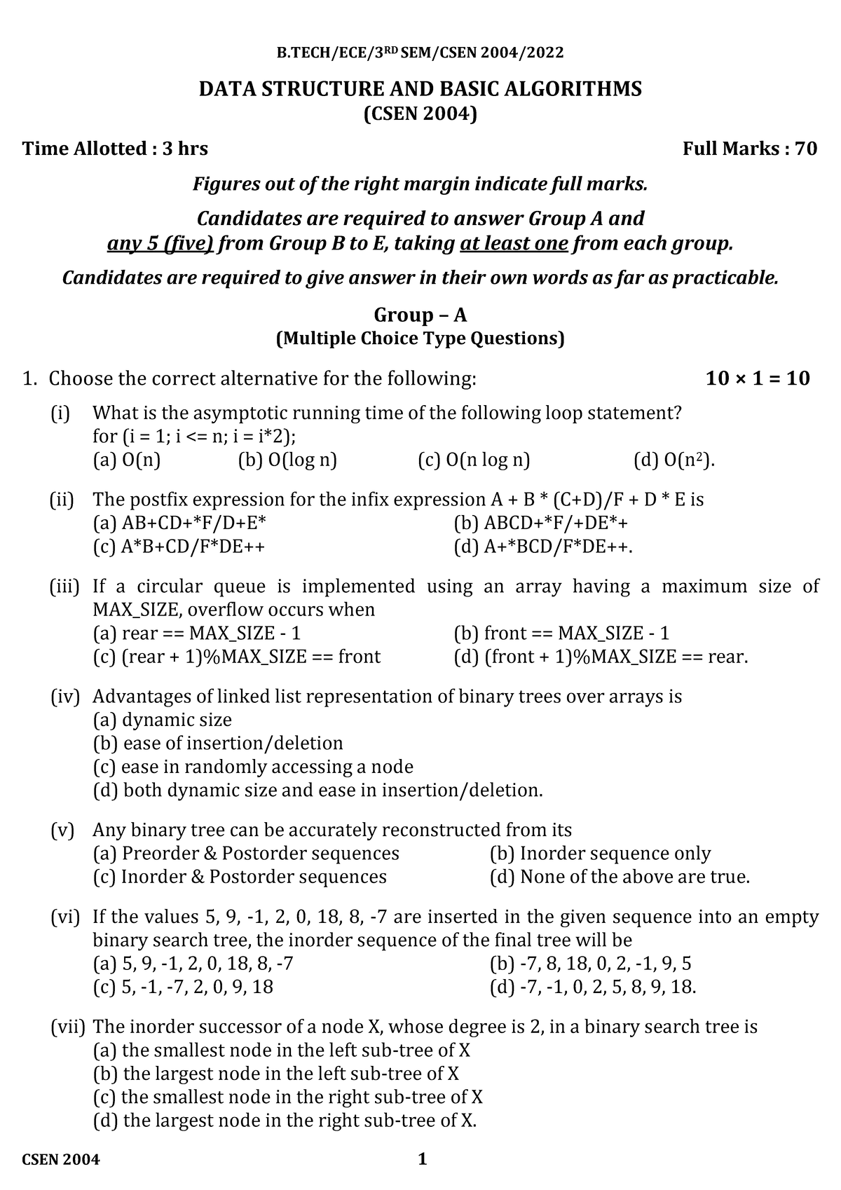 22dsa - this is a question paper of hitk 22 of dsa - B/ECE/3RD SEM/CSEN ...