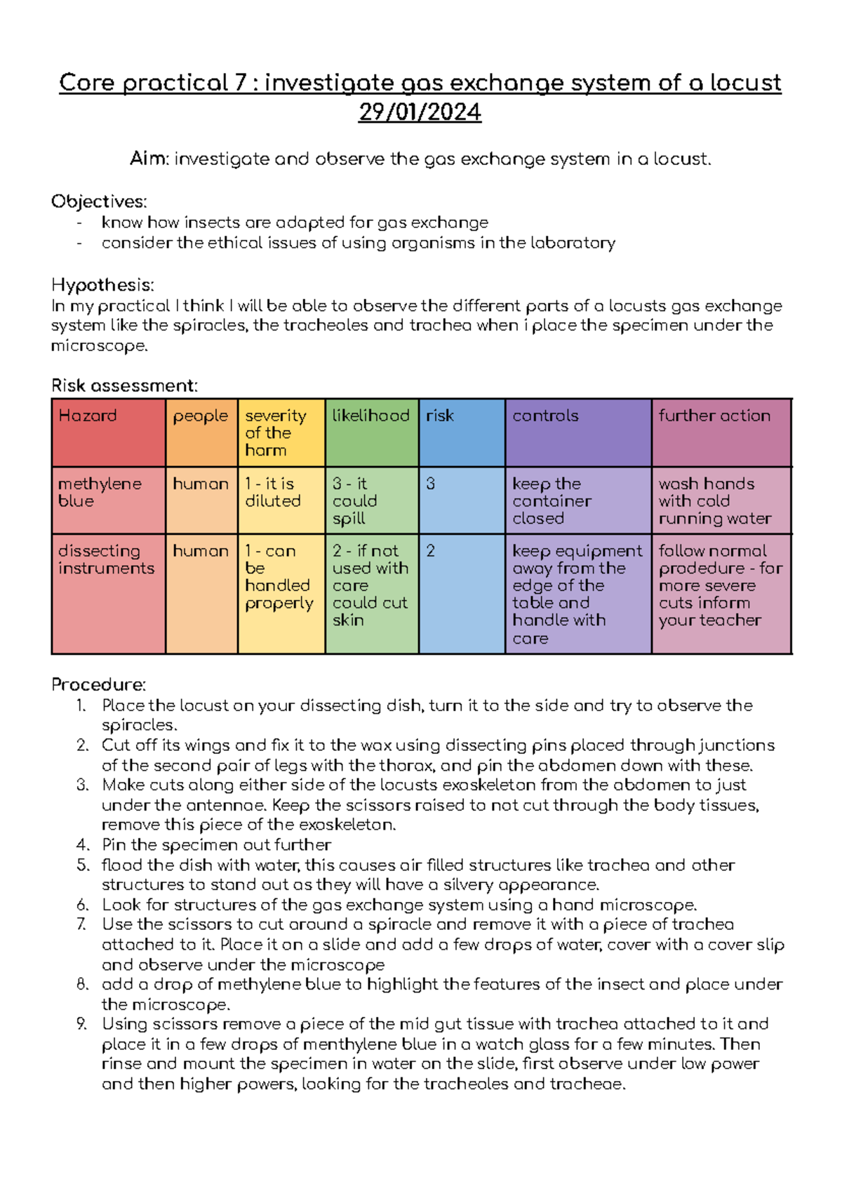 Core Practical 7: Investigating Gas Exchange in Locusts with Risks - Studocu