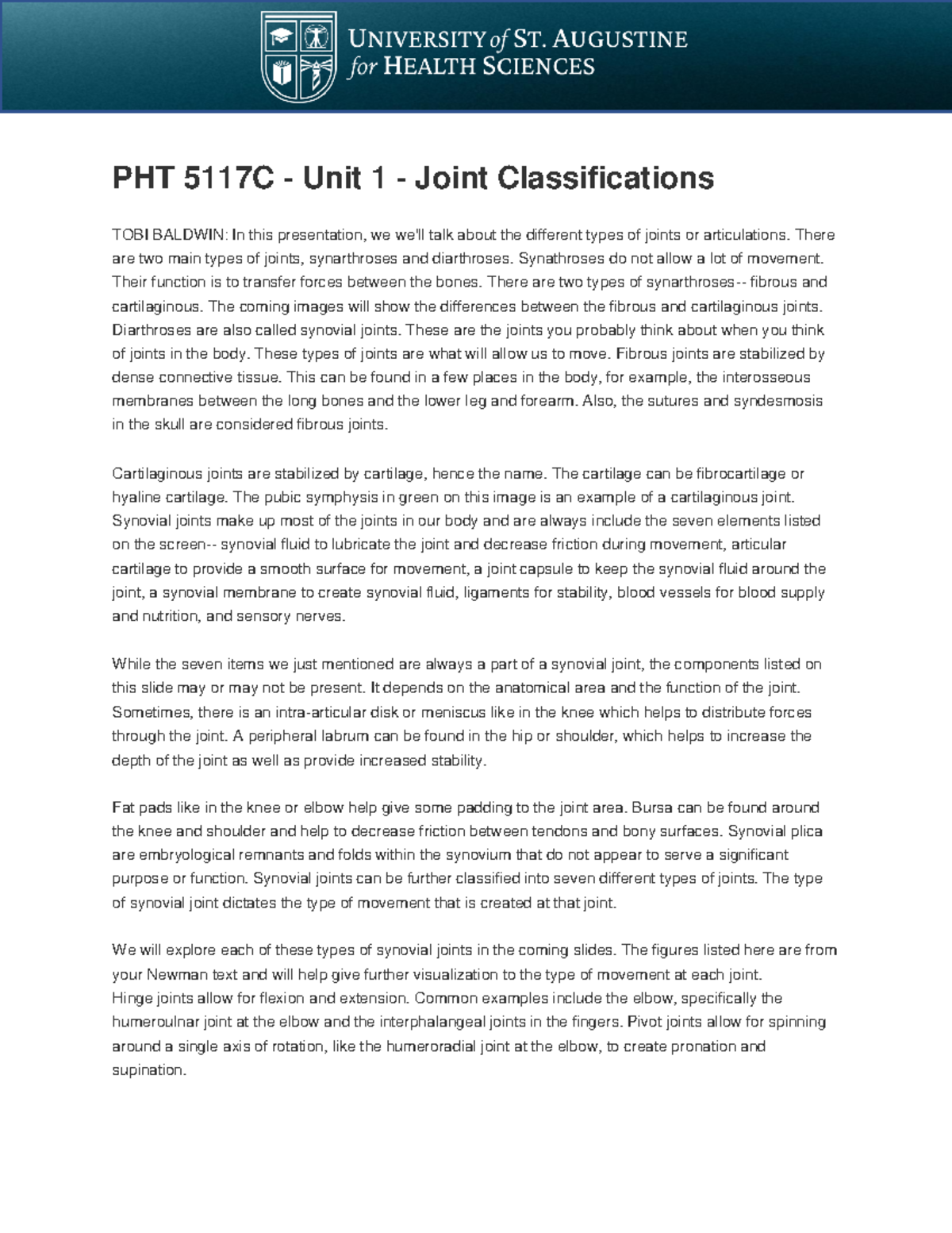 PHT 5117C - Unit 1: Overview of Joint Types and Movements - Studocu