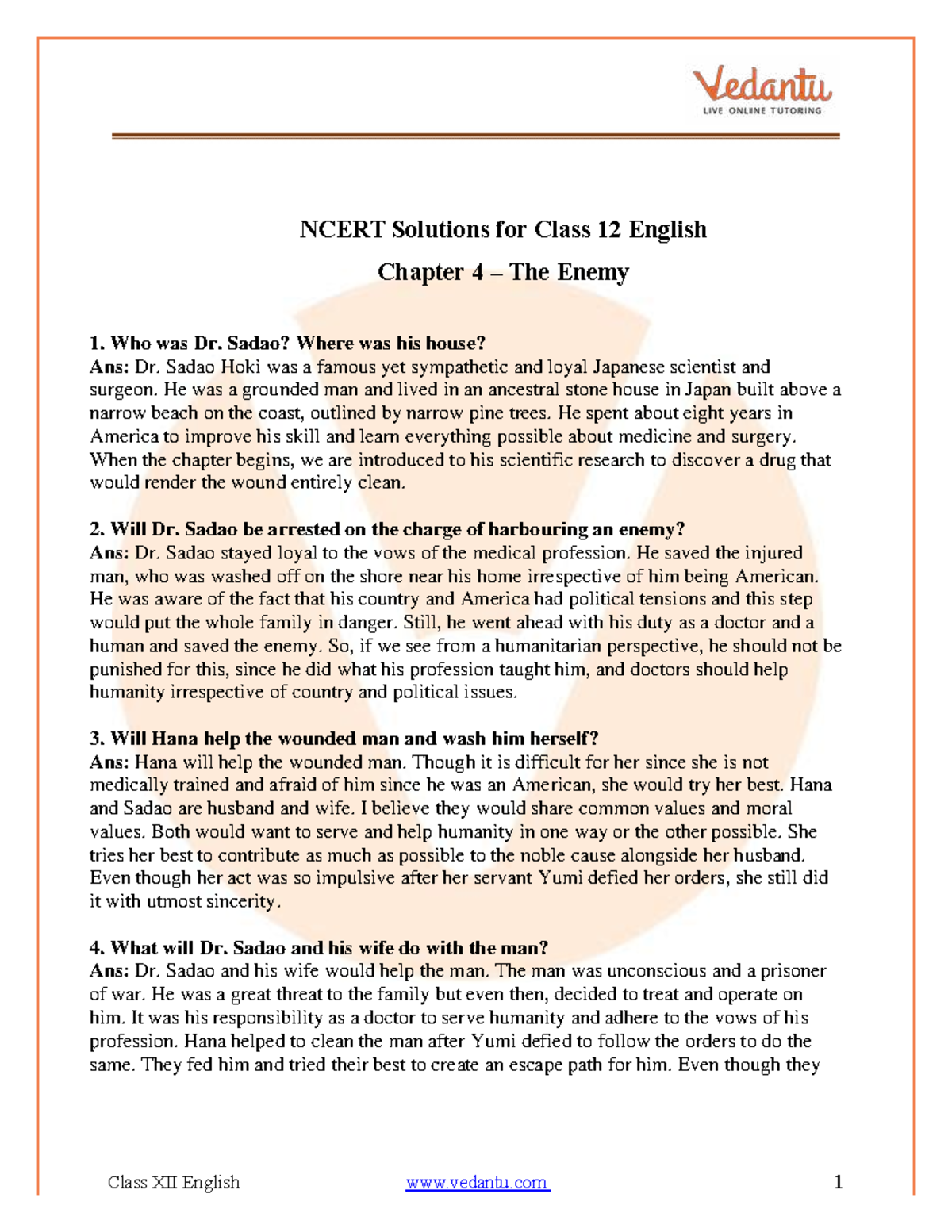 NCERT Solutions for Class 12 English Vistas Chapter 4: The Enemy - Studocu