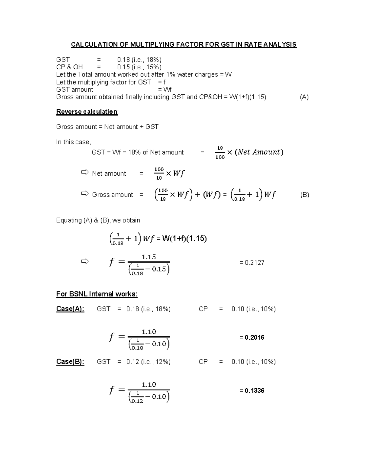 GST Multiplication Factor for Rate Analysis Calculations - Studocu