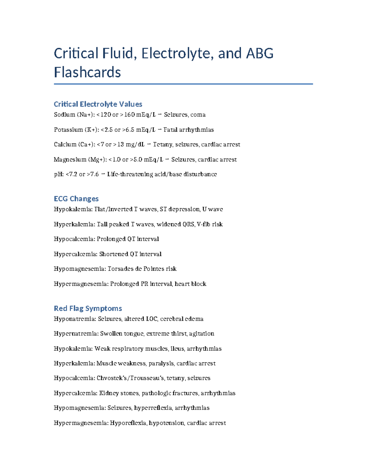 Critical Flashcards: Electrolyte & ABG Values Quiz - Studocu