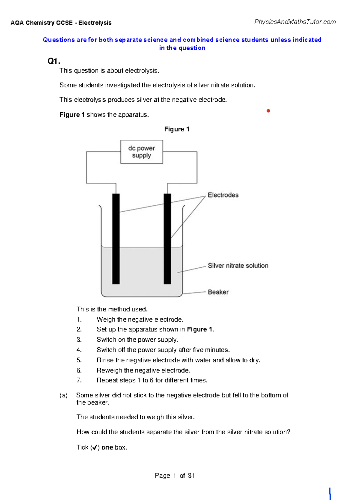 AQA Chemistry GCSE Electrolysis Questions and Answers - Studocu