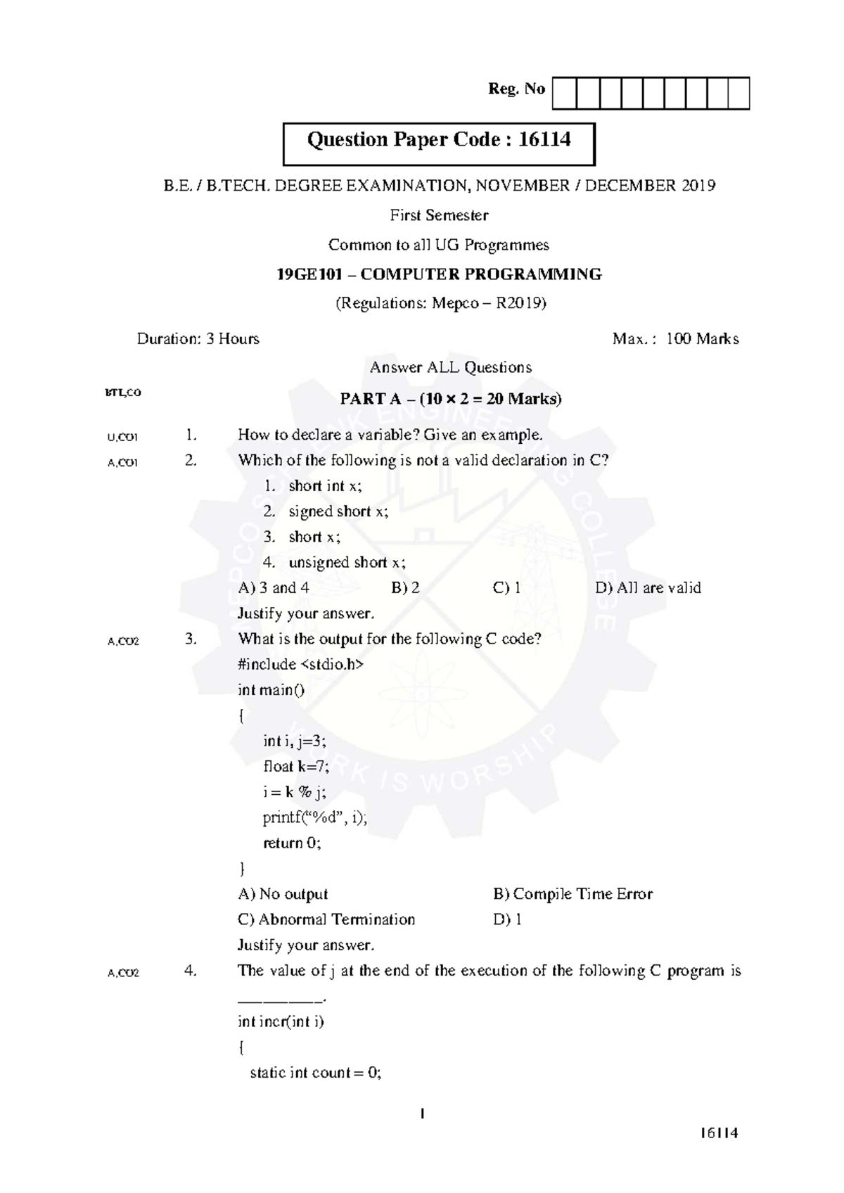 16114 - Computer Programming Exam Paper, Nov-Dec 2019 - Studocu
