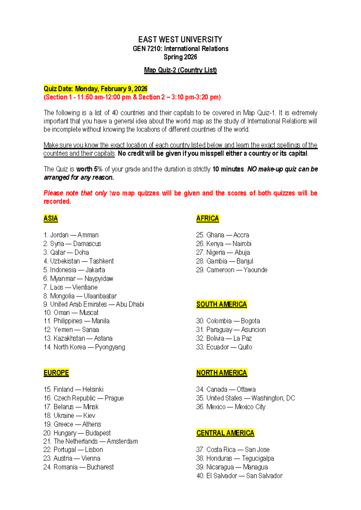 EAST WEST UNIVERSITY GEN 7210: Map Quiz-2 Spring 2026 Country List ...