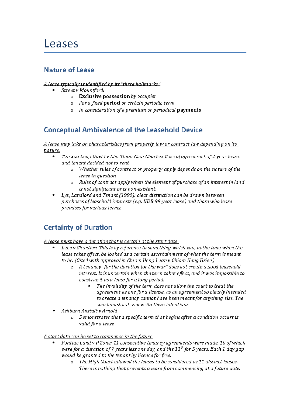 Leases: Summary of Key Readings and Case Law (LAW 101) - Studocu