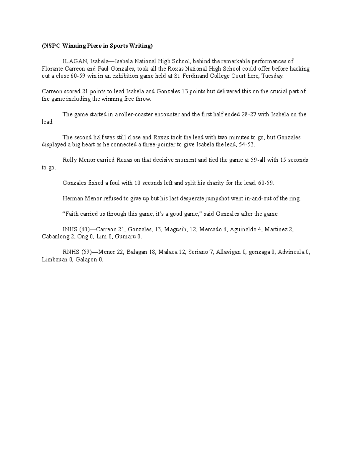 NSPC Sports Writing: Isabela's Narrow Victory Over Roxas in Exhibition ...