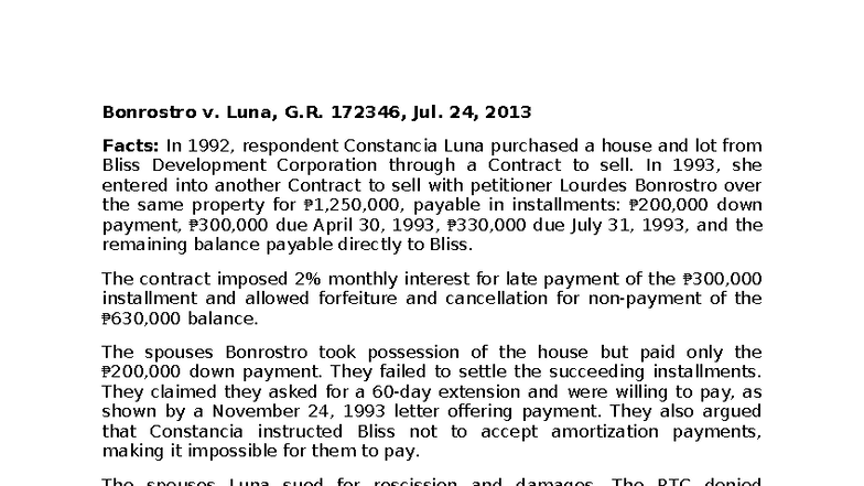 Bonrostro v. Luna, G.R. 172346 - Case Digest for Oblicon - Studocu