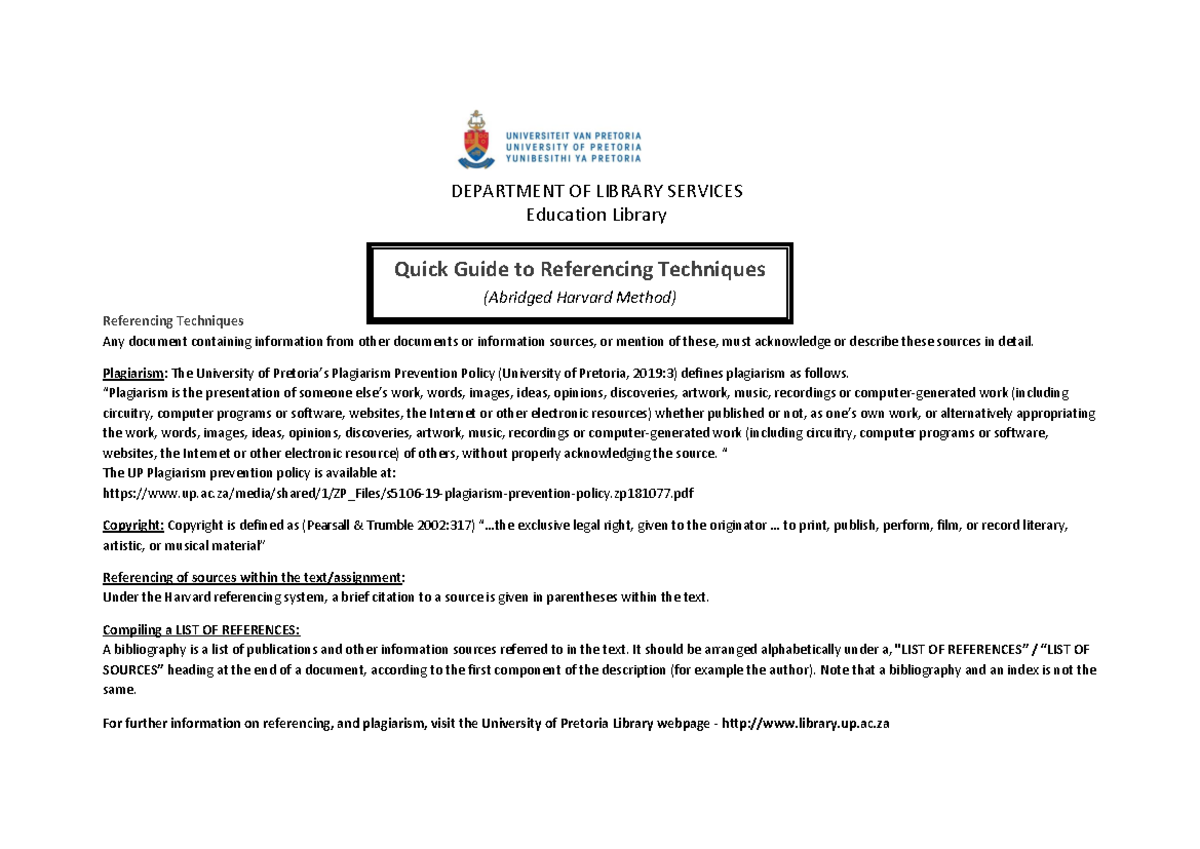 Quick Guide to Referencing Techniques (Abridged Harvard Method) - Studocu
