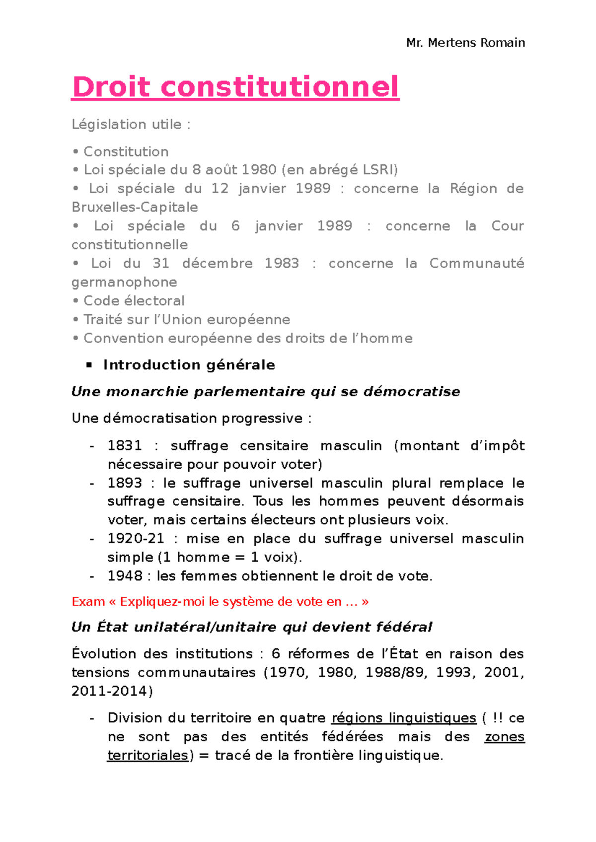 Droit Constitutionnel - Notes de Cours par Mr. Mertens Romain - Studocu