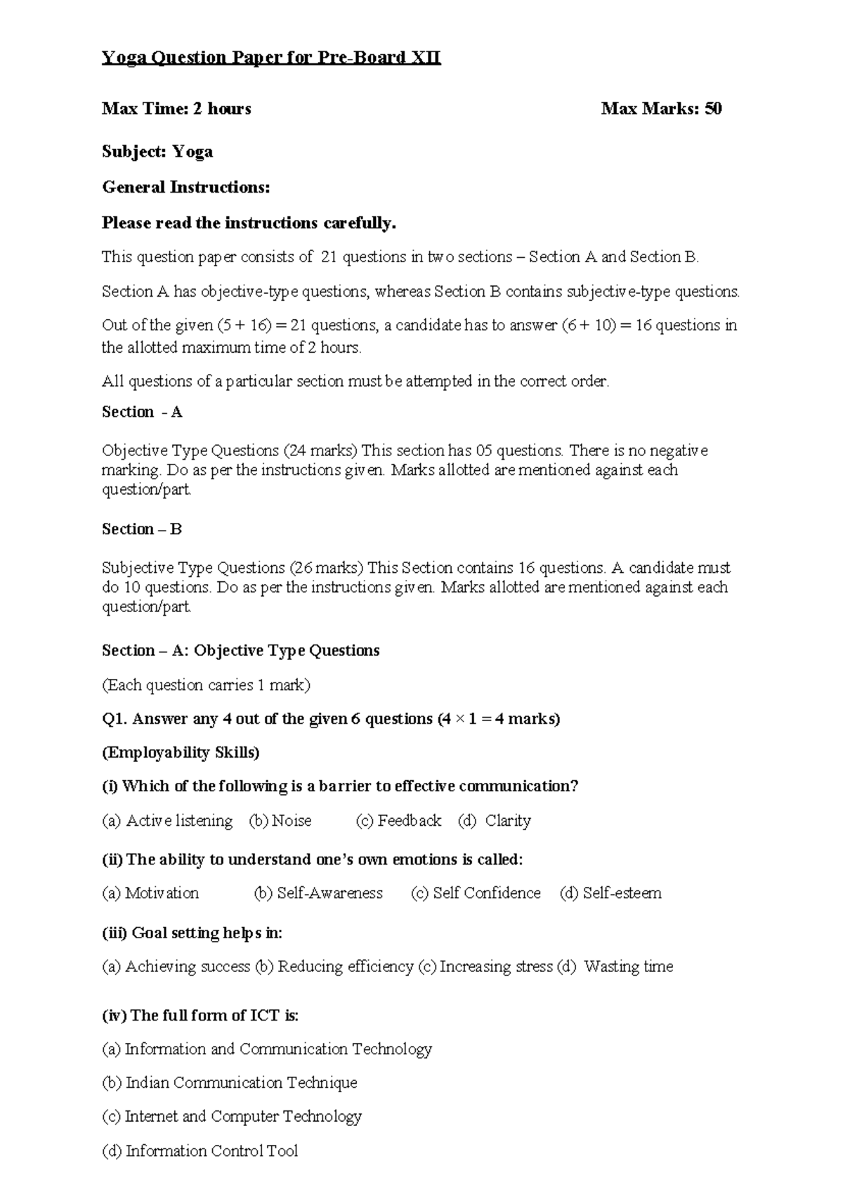 Yoga XII Question Paper: Objective & Subjective Types - Studocu