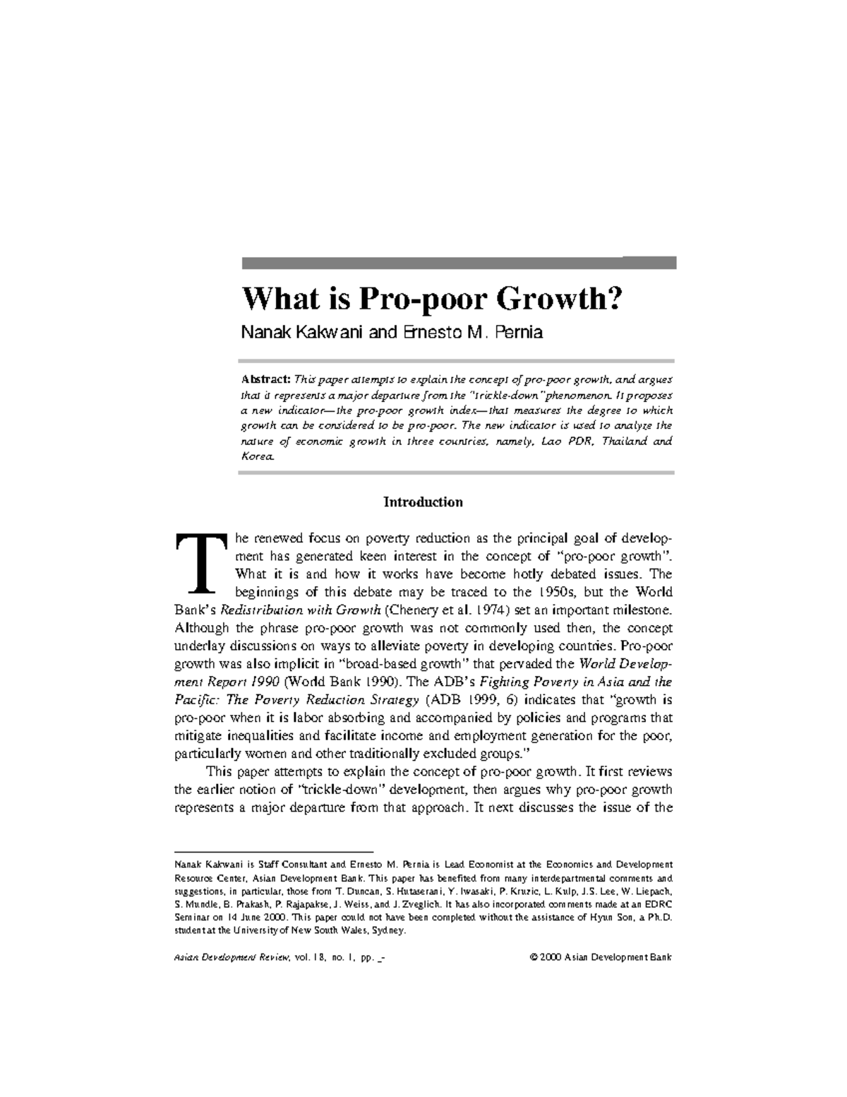 What is Pro-poor Growth? A Study by Kakwani & Pernia - Studocu