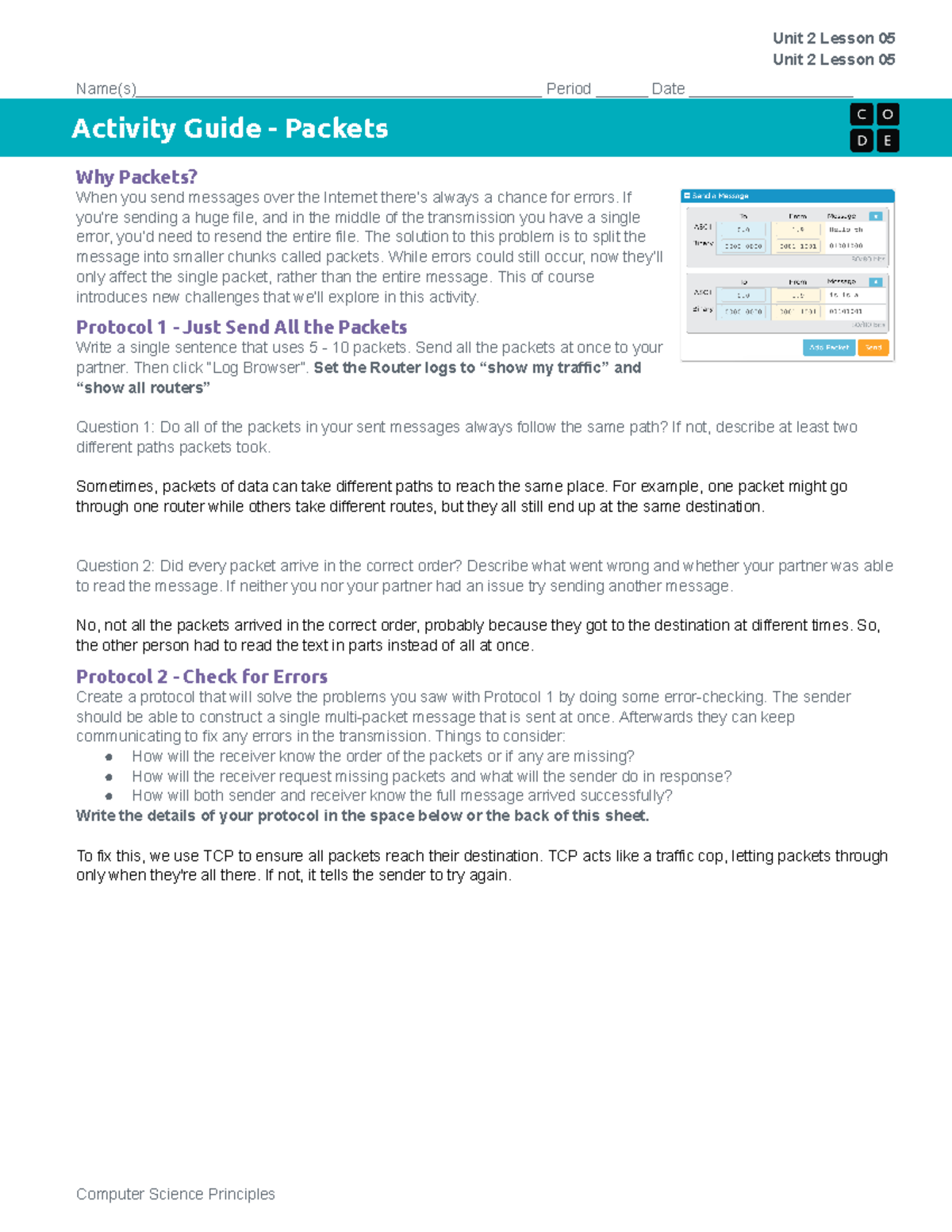 Unit 2 Lesson 05 Activity Guide: Understanding Packets & Protocols ...