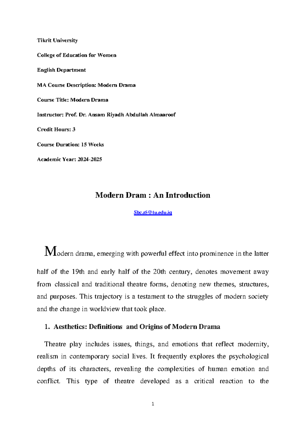 MA Course Description: Modern Drama - An Introduction - Studocu