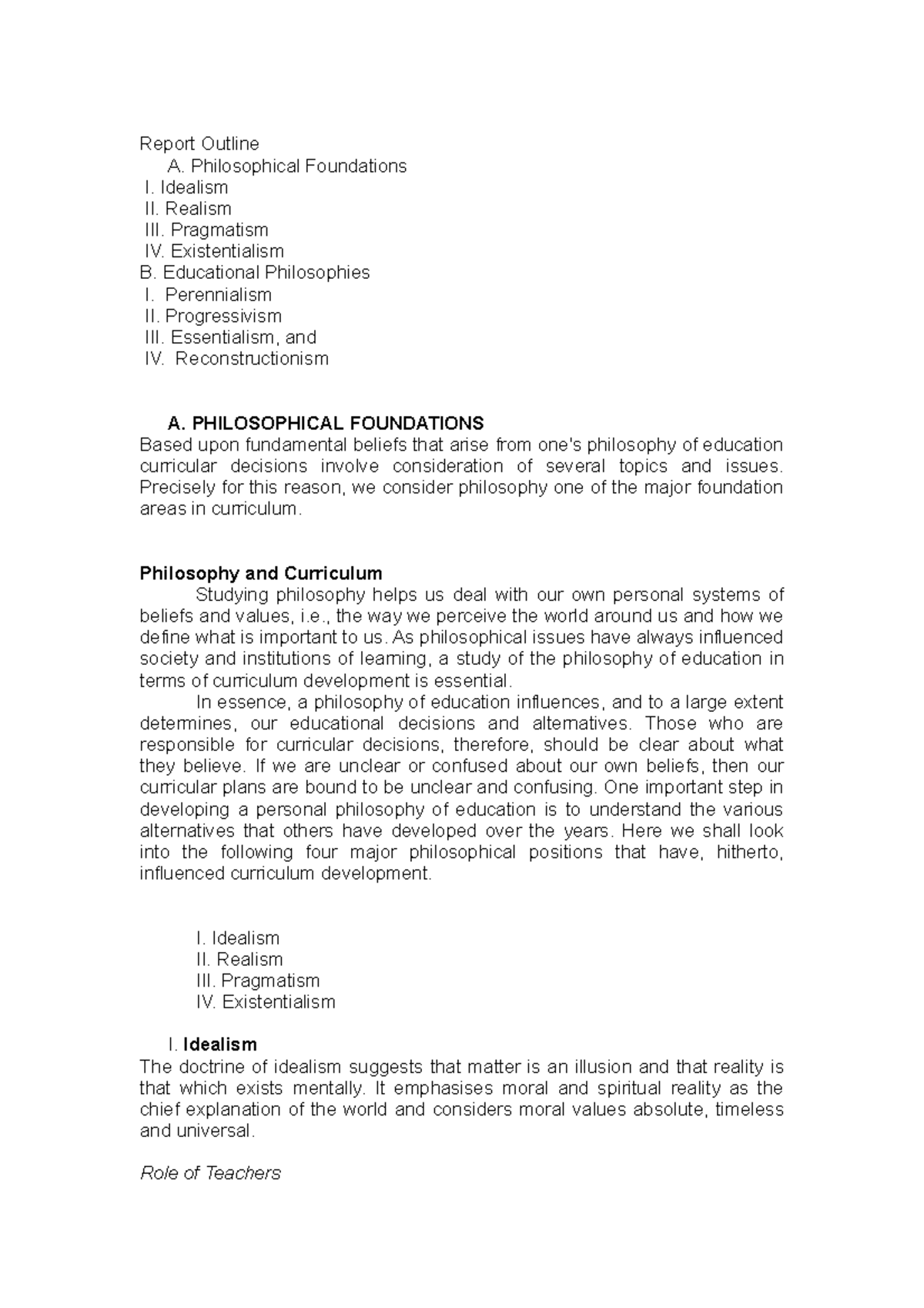 Philosophical Foundations and Educational Philosophies Lecture Notes ...