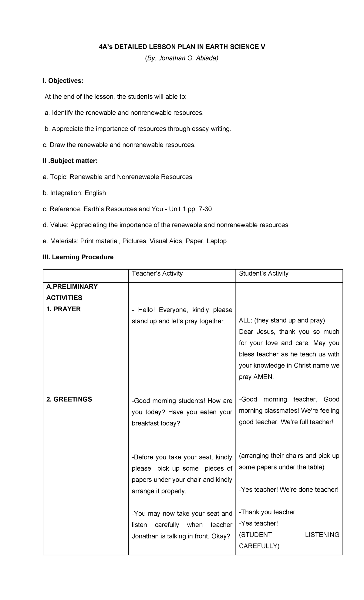 Lesson plan in Education - 4A’s DETAILED LESSON PLAN IN EARTH SCIENCE V ...