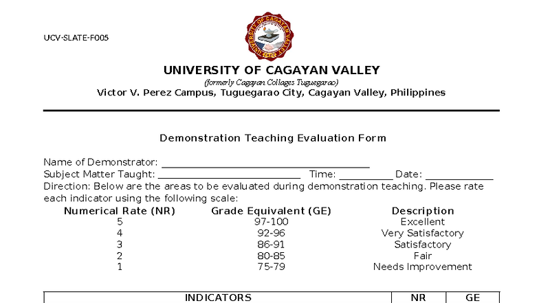 UCV F005 Demo Teaching Evaluation Form - 2019 Revision - Studocu