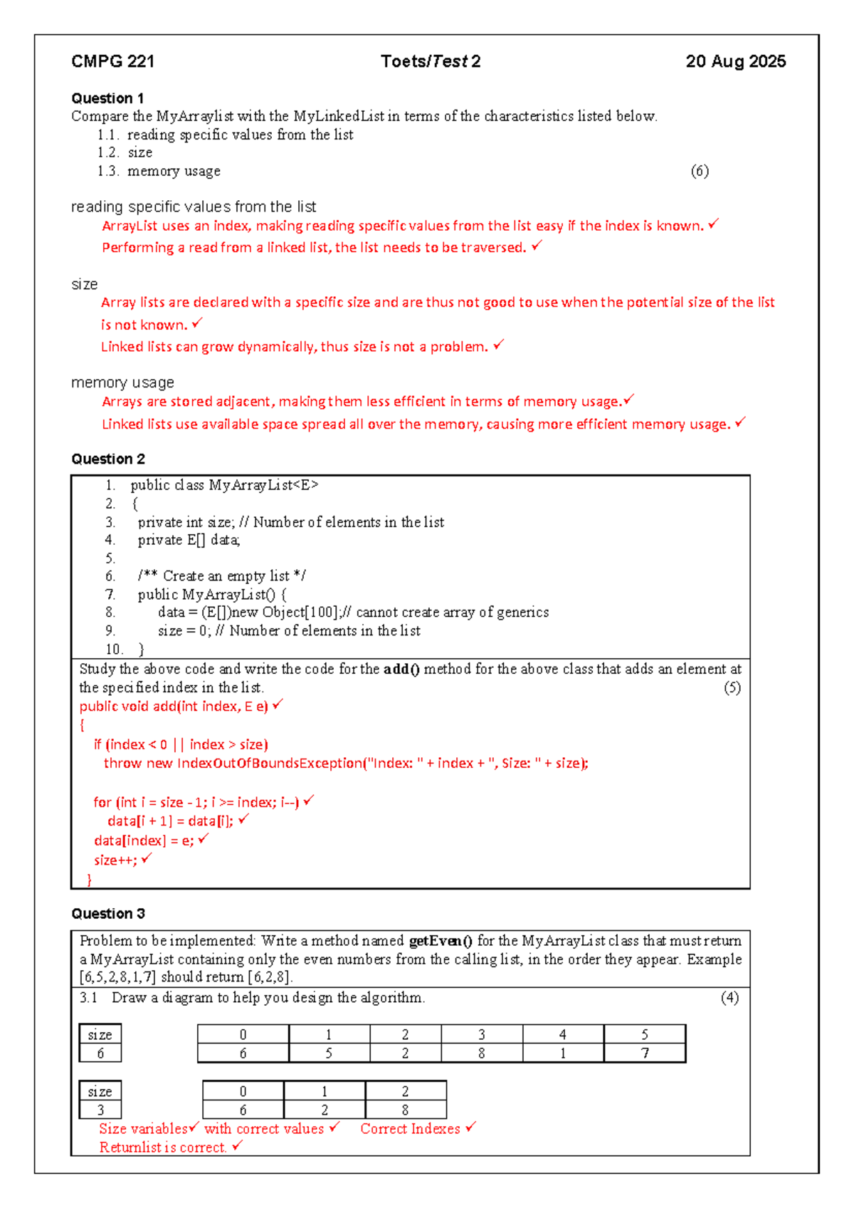 CMPG 221 2025 Toets 2a MEMO: MyArrayList vs MyLinkedList Analysis - Studocu
