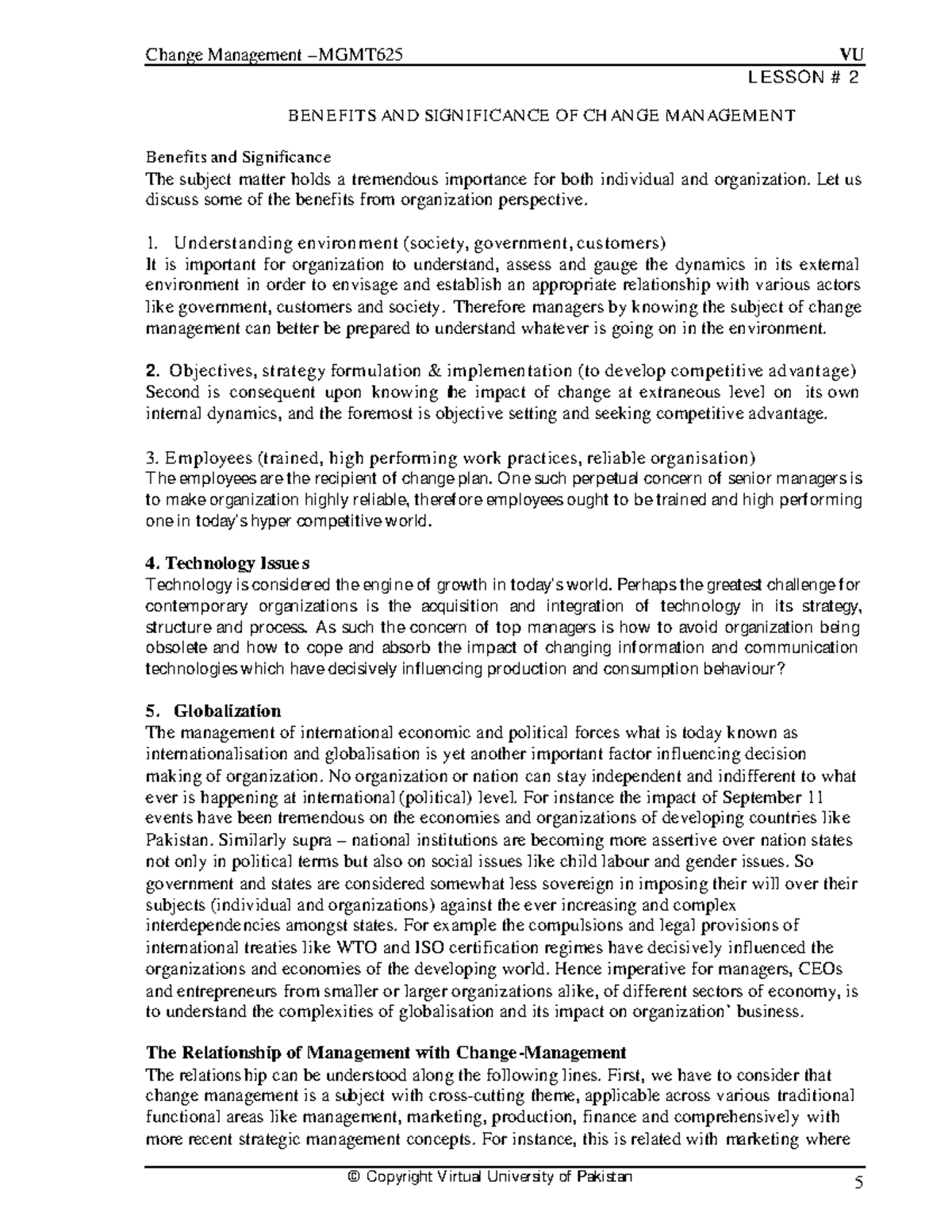 Change Management - MGMT625 Lesson 2: Benefits and Significance - Studocu
