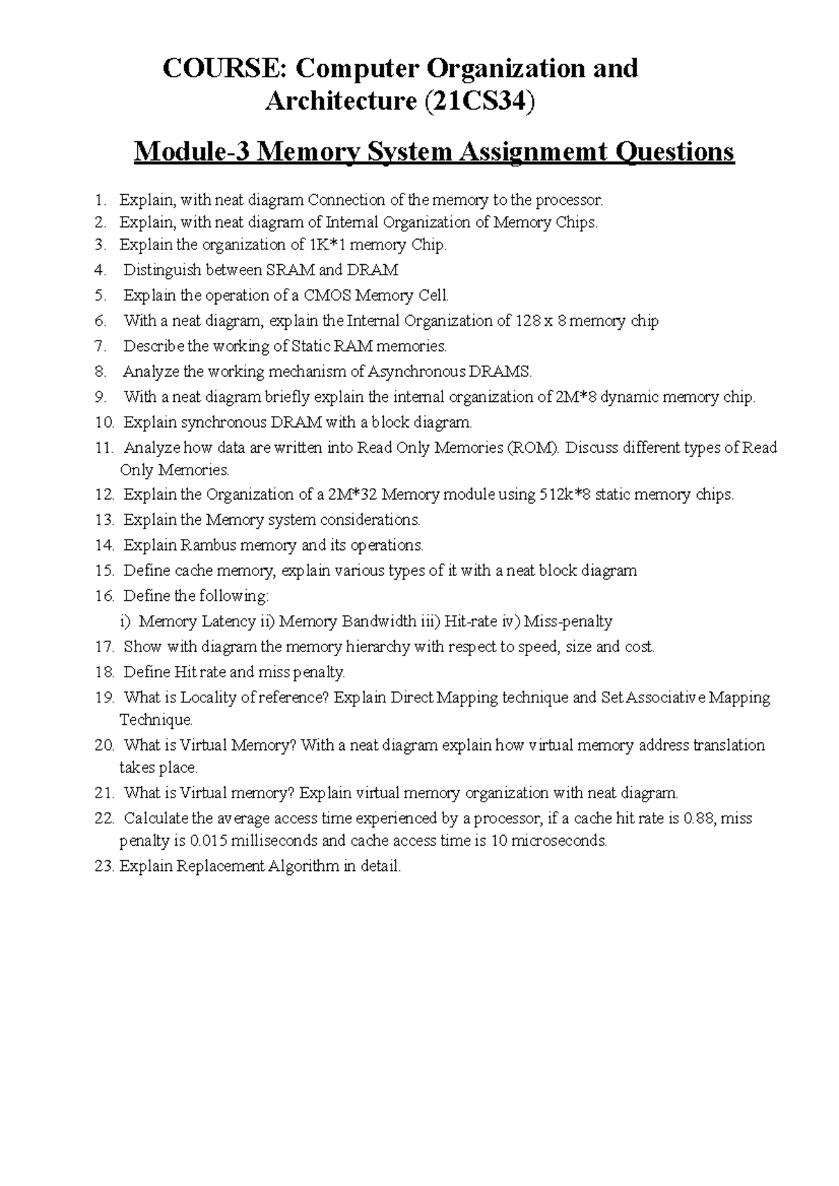 Coa Module 3 Assignment Qp Course Computer Organization And Architecture 21cs34 Module 3 4554