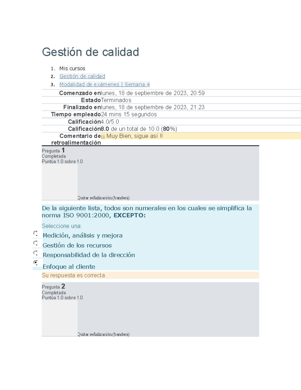 Gestión de Calidad - Examen Semana 4 - Resultados y Comentarios - Studocu