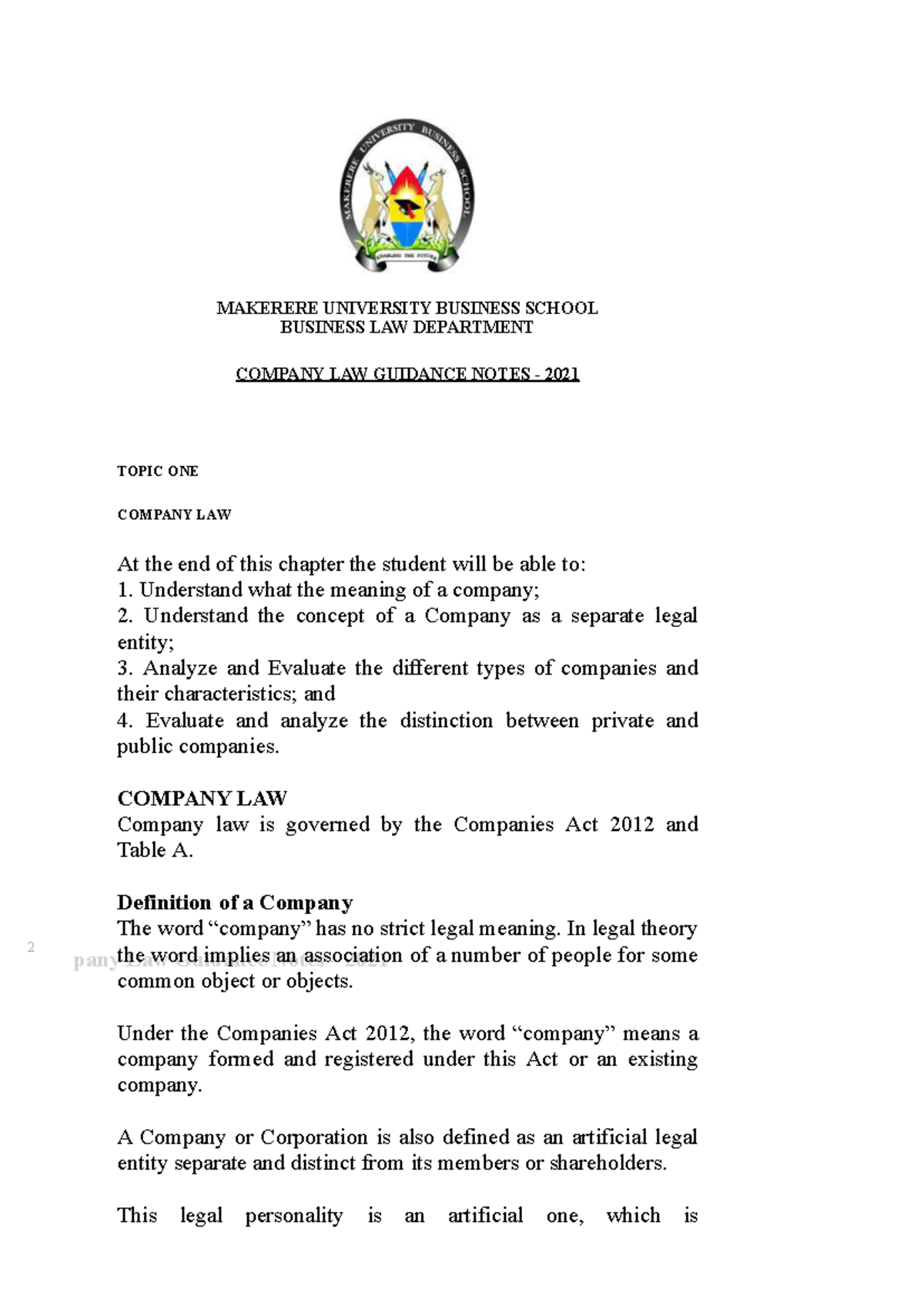Company Law Guidance Notes 2021 - Topic One: Company Structure and ...