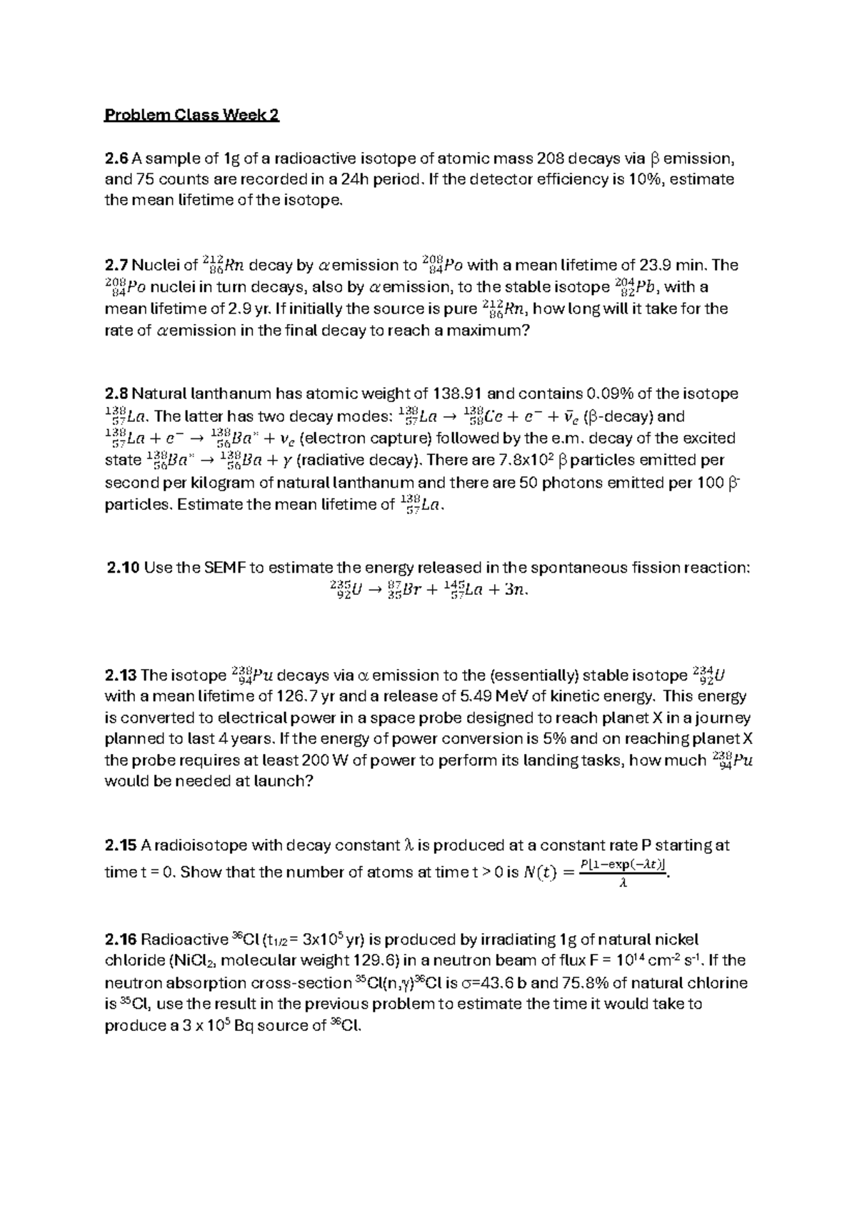 Problem Class Exercises - Topic 2: Radioactive Decay Analysis - Studocu