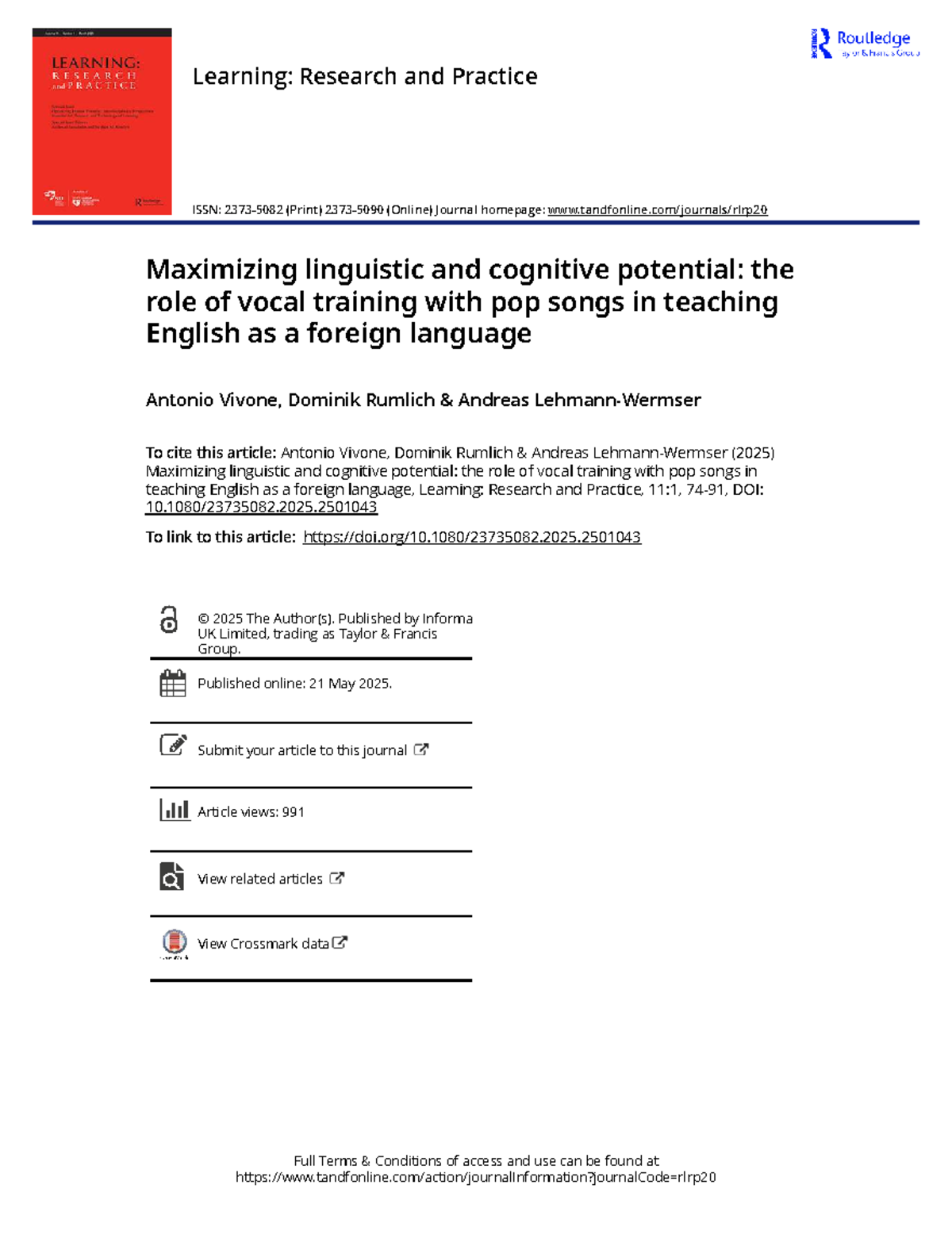 Maximizing EFL Learning: Vocal Training with Pop Songs (2025) - Studocu