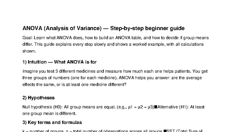 ANOVA 101: Step-by-Step Guide to Analysis of Variance - Studocu