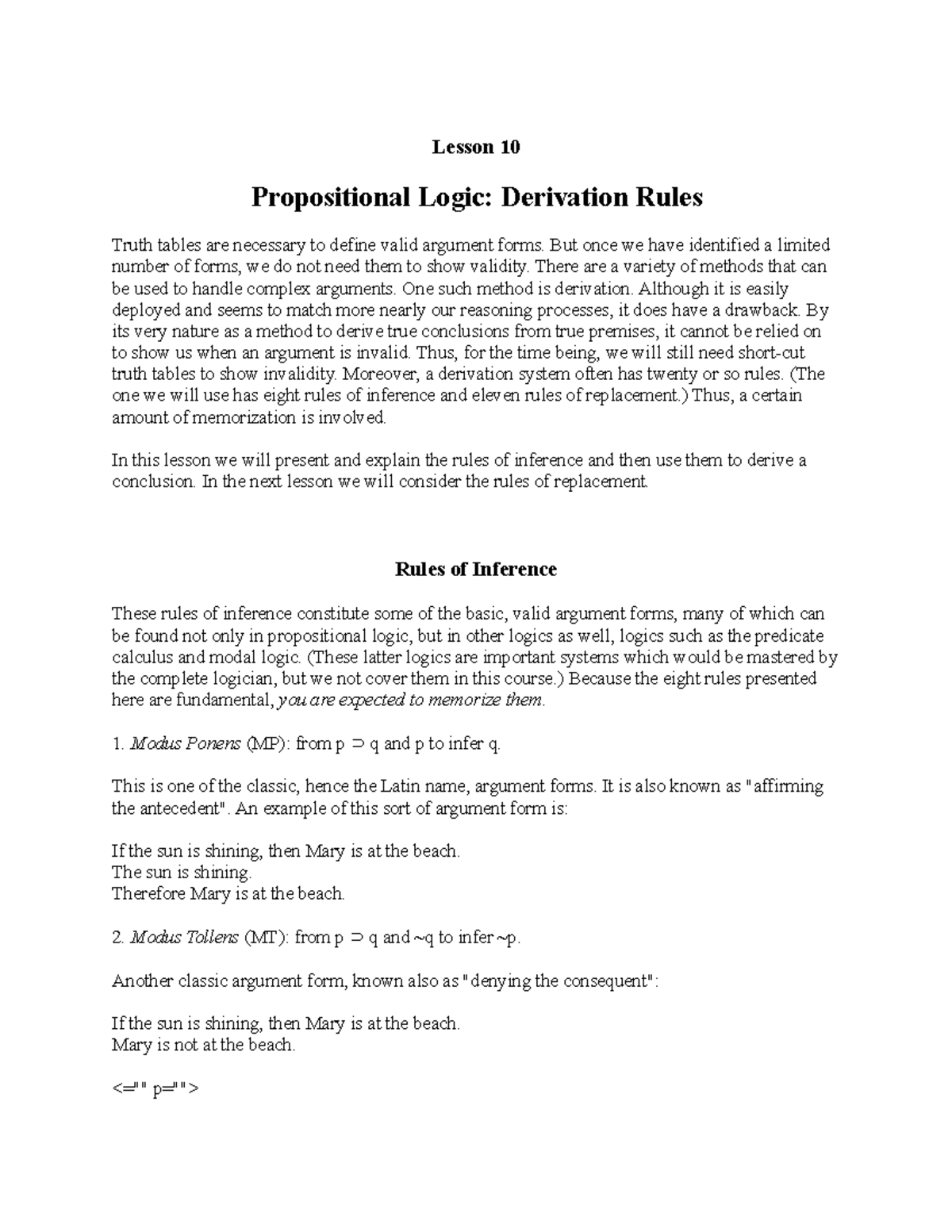 Hum016 lesson 10 - Propositional Logic - Lesson 10 Propositional Logic ...